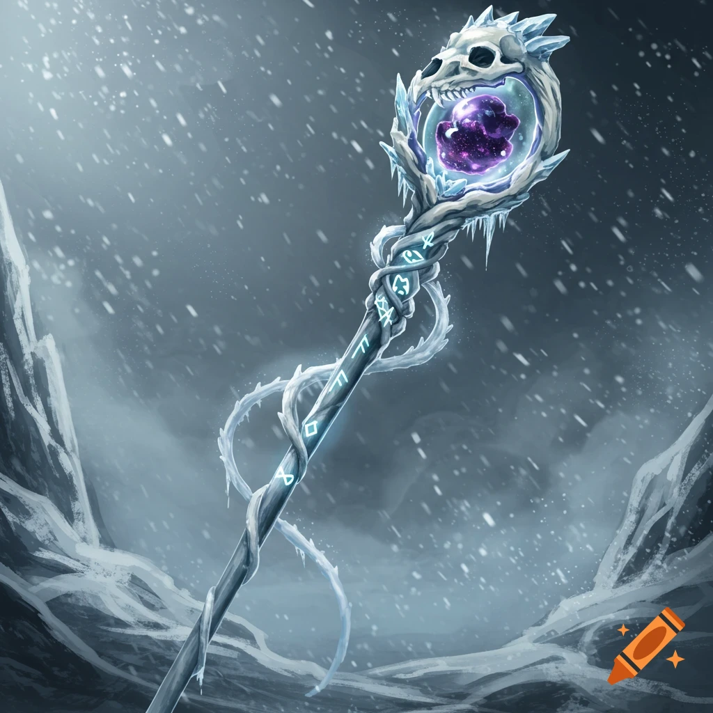 A mystical fantasy staff with an ice dragon skull head holding a ...