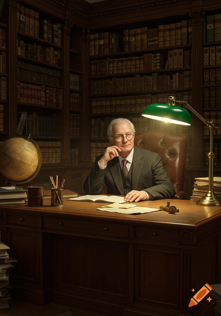 An elderly professor sits at a large wooden desk in a dimly lit ...