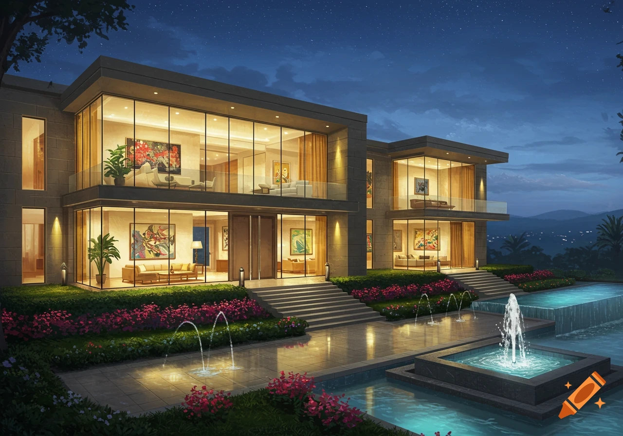 A photorealistic image of a modern luxury house at dusk, featuring ...