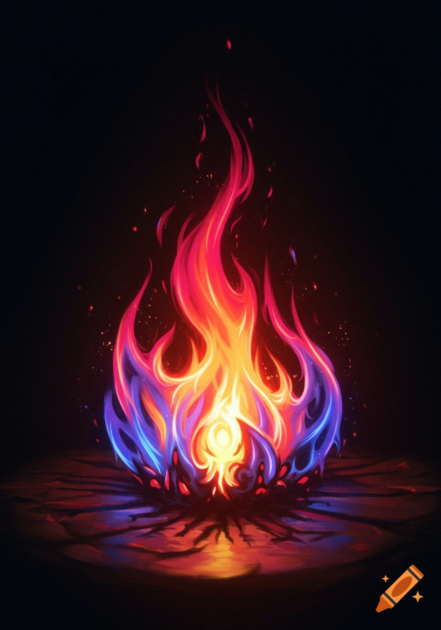 Vibrant red and orange flames and sparks rise from the bottom ...