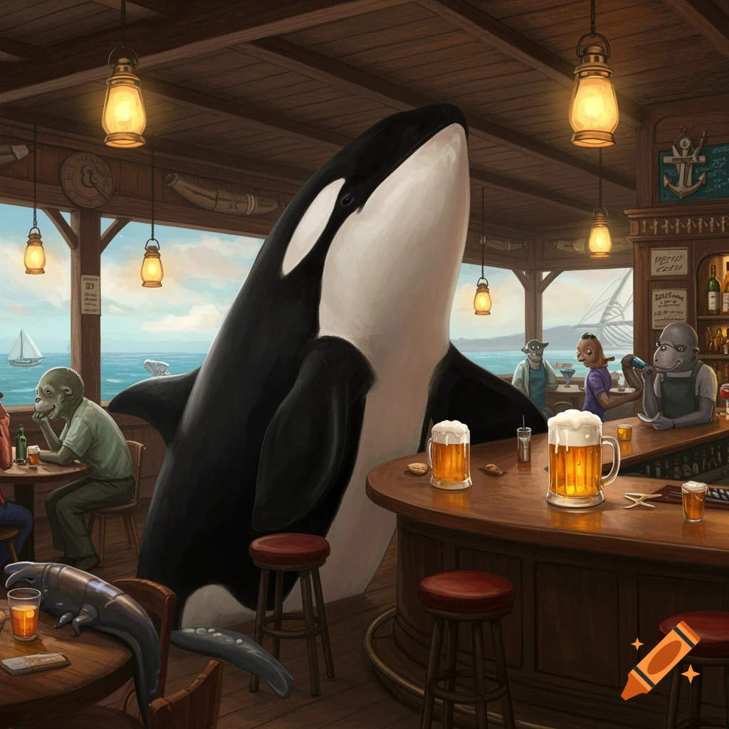 An anthropomorphic orca and other animal creatures drinking beer in a ...