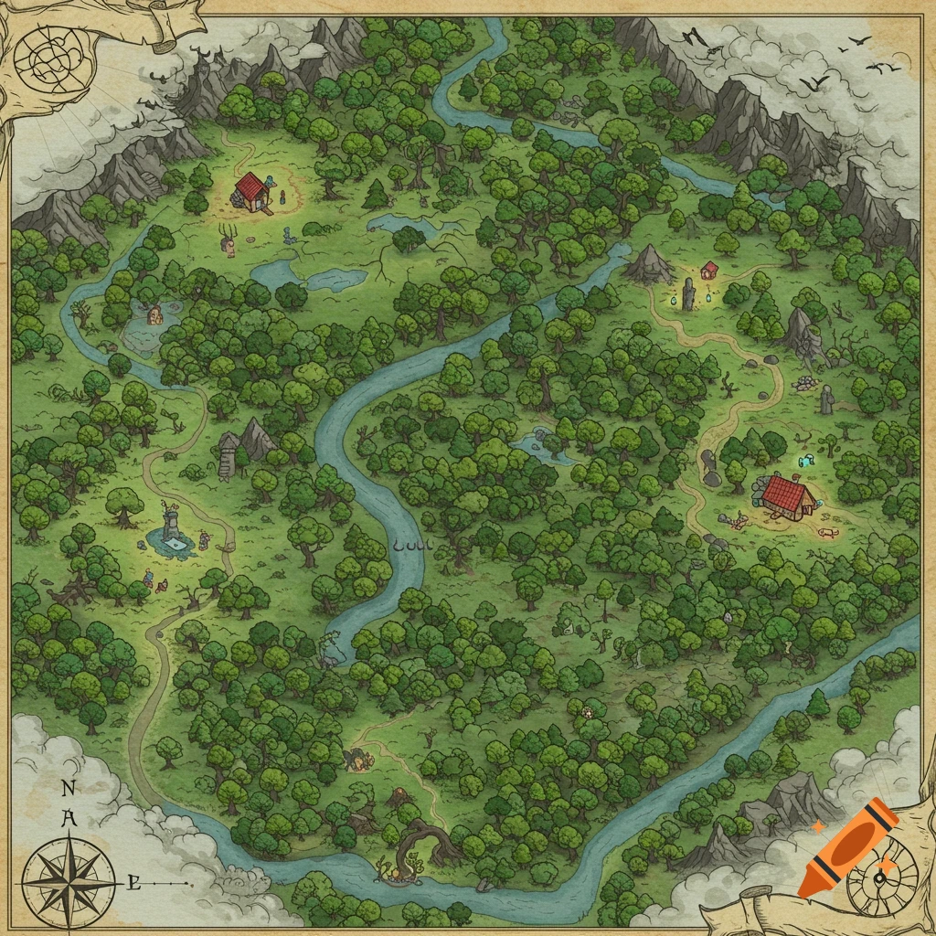 A whimsical top-down watercolor map showing a forest with a castle ...