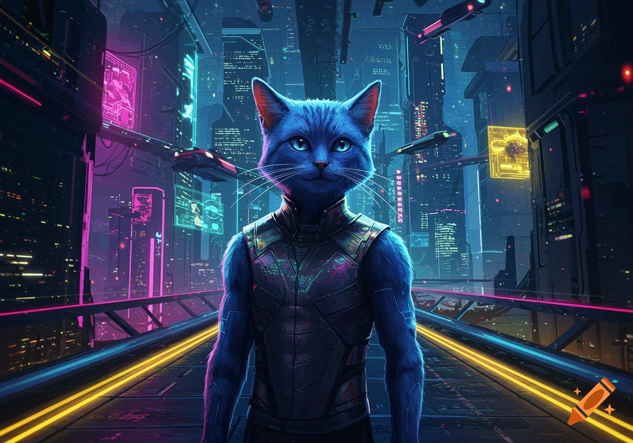 An anthropomorphic grey fox with glowing blue eyes, wearing a blue ...