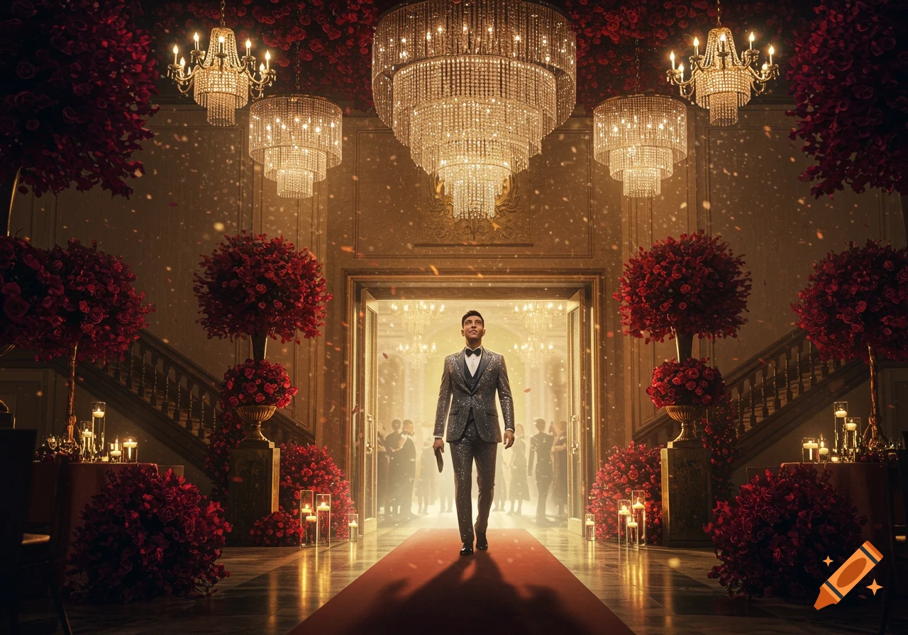 A man in a sparkling suit walks down a red carpet in a luxurious, rose ...