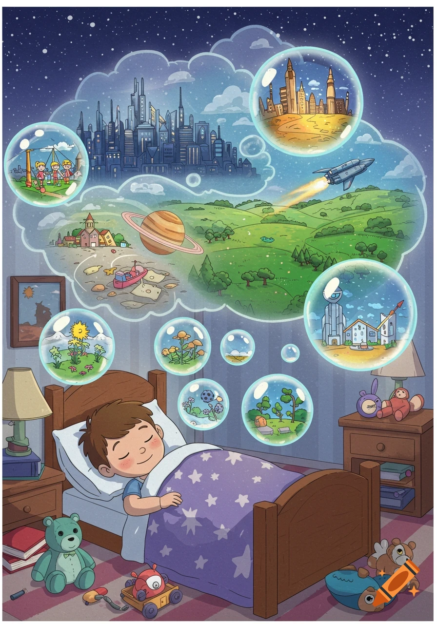 A cartoon illustration of a child sleeping in bed, dreaming of a bright ...