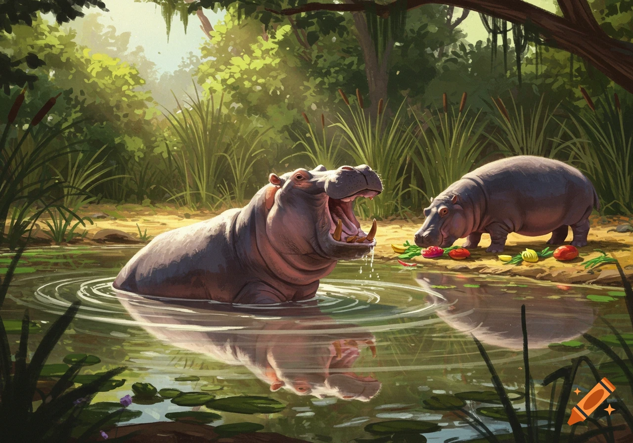 A realistic hippo partially submerged in water, wearing a tactical ...