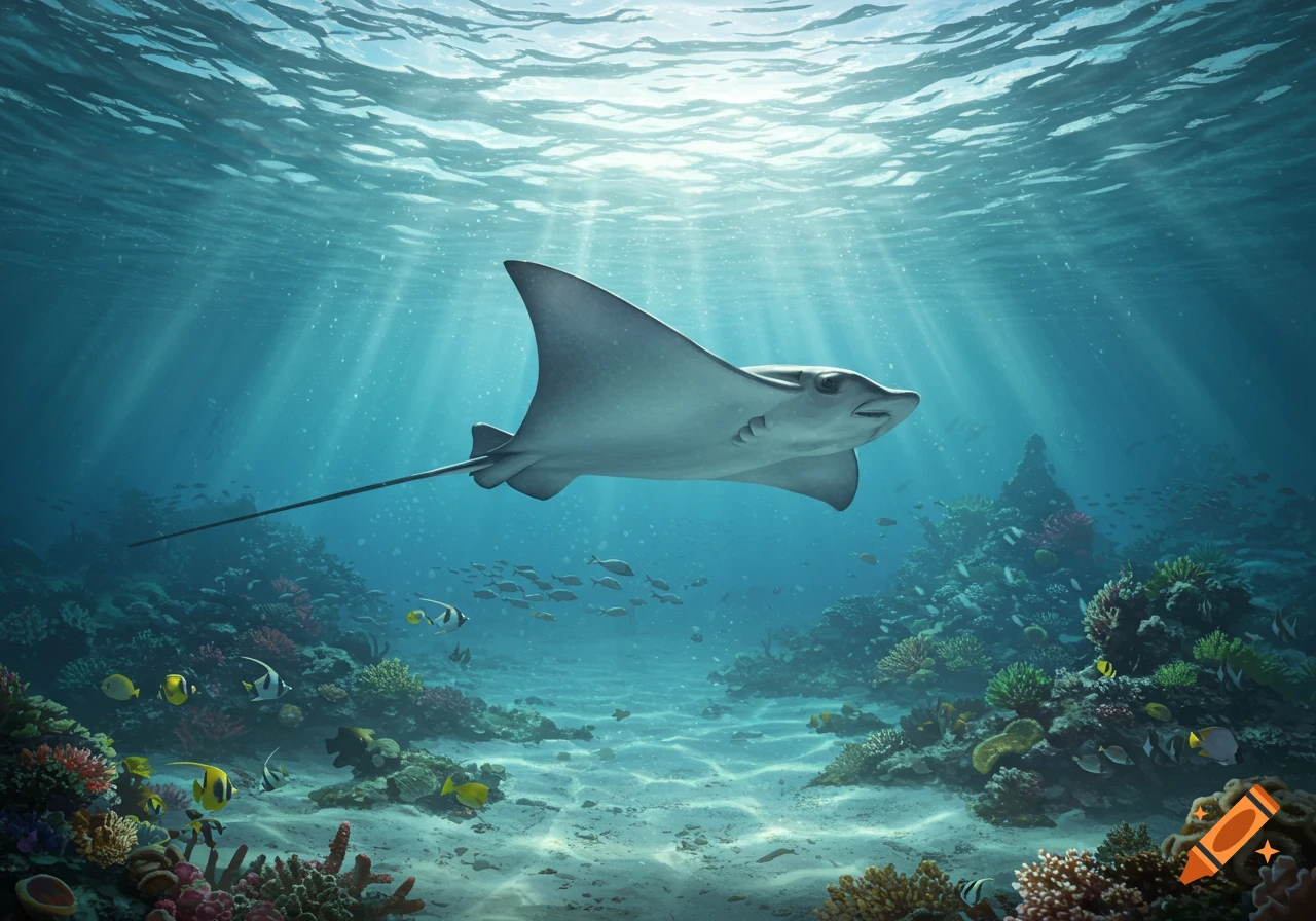 A photorealistic bat ray swims gracefully over a vibrant coral reef ...