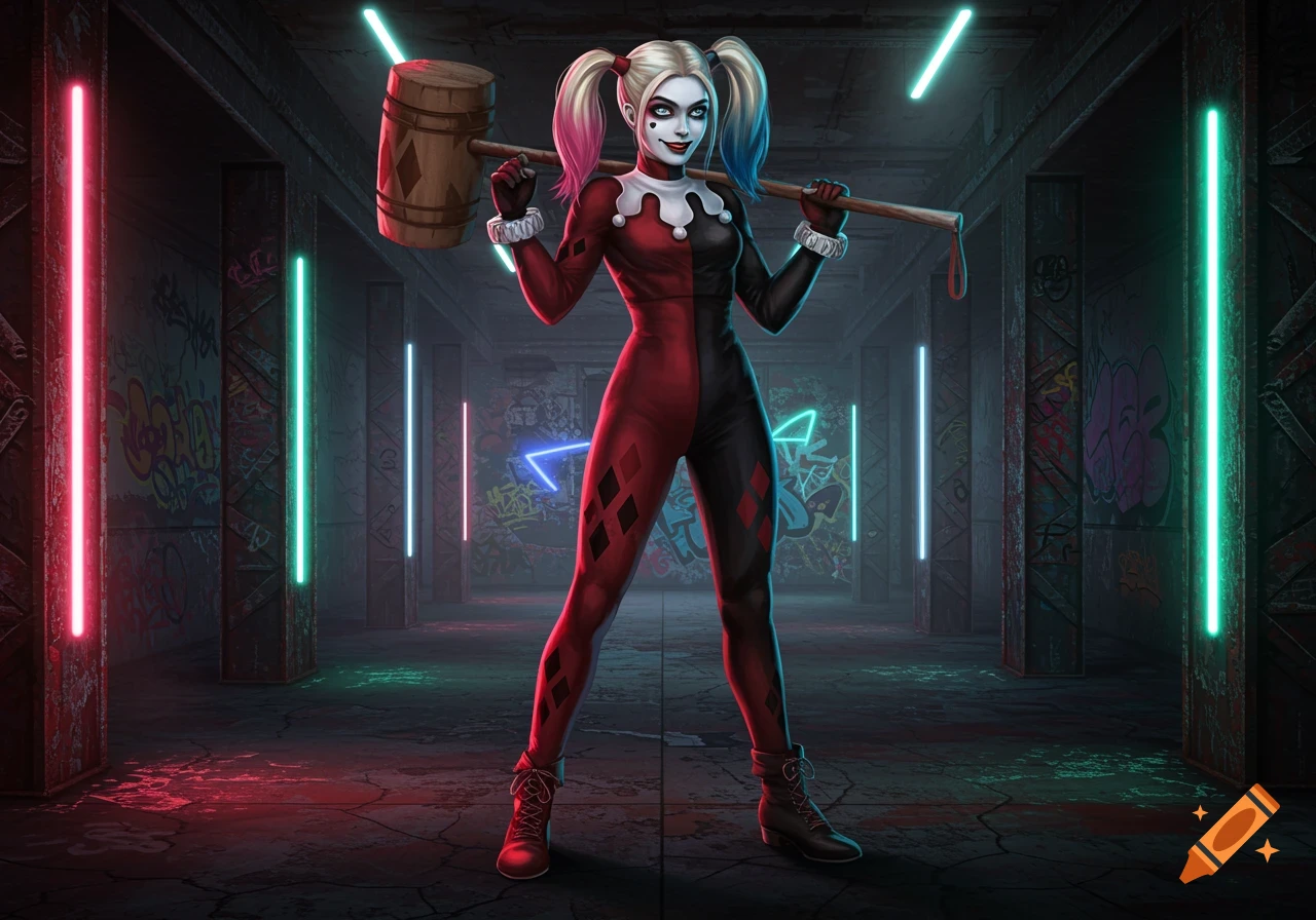 Harley Quinn in her classic jester outfit holding a mallet, standing in ...