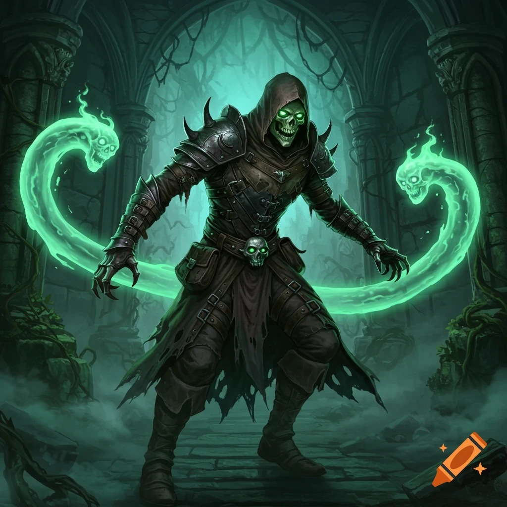 Dark fantasy illustration of a hooded undead rogue with glowing green ...