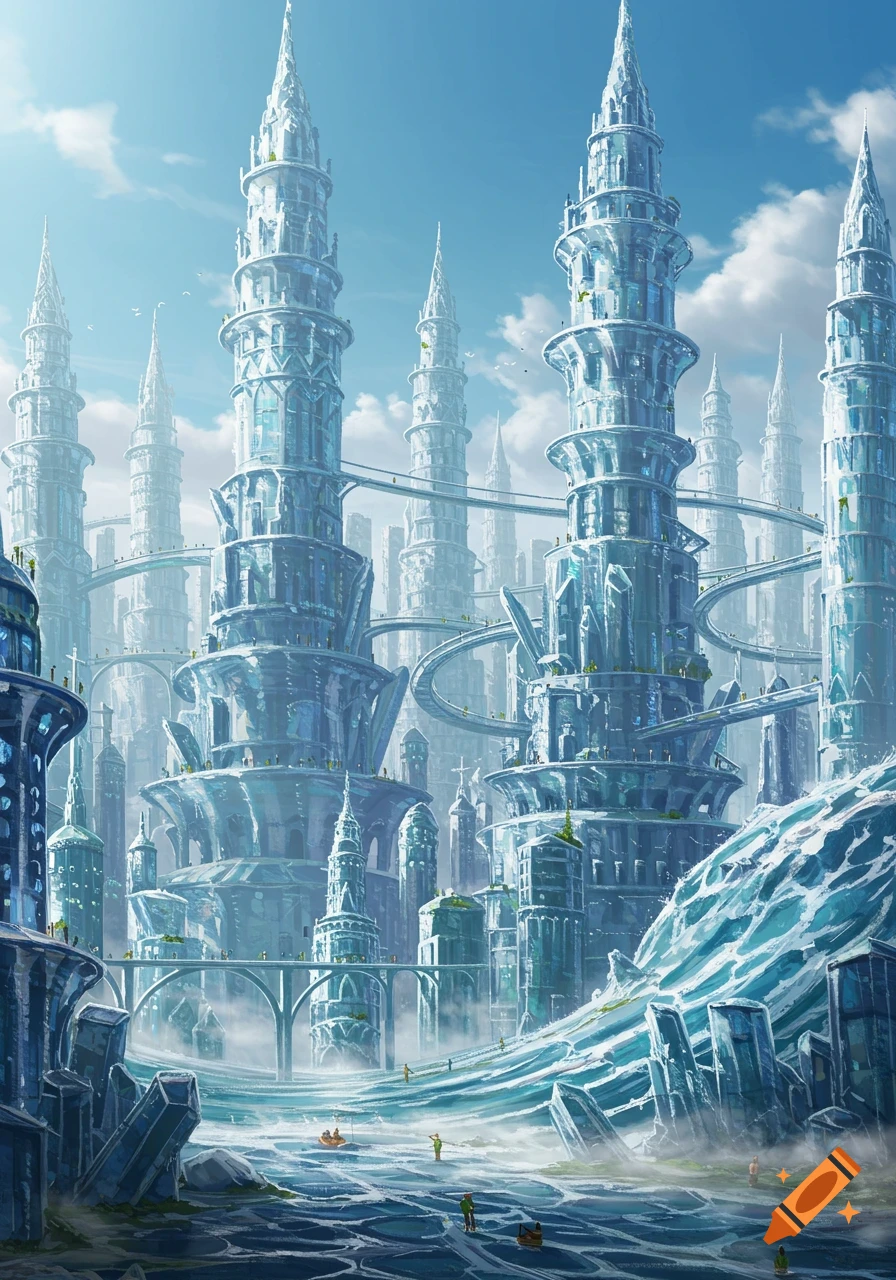 A fantasy cityscape with towering, spired buildings made of ice or ...