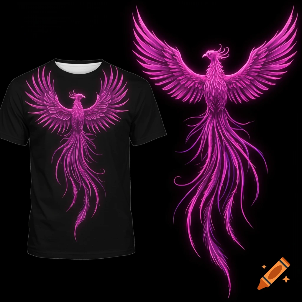 A black t-shirt featuring a glowing vibrant pink and purple phoenix ...