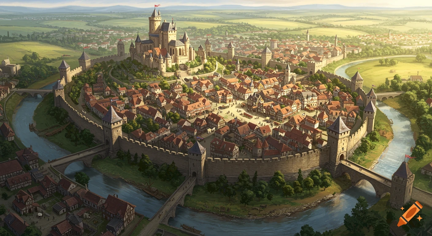 An aerial view of a sprawling walled medieval town with a grand castle ...