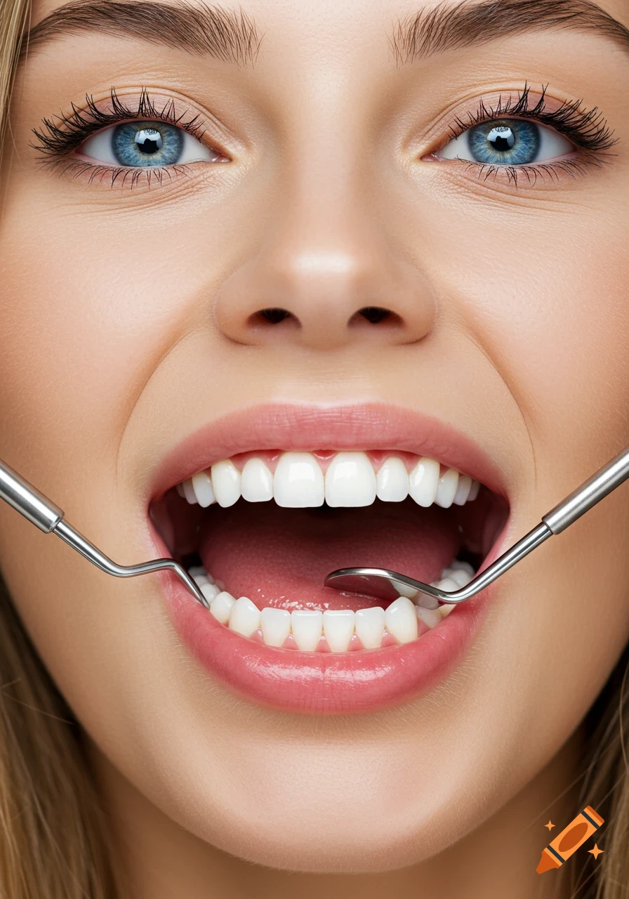 Close-up illustration of an open mouth showing white teeth, a pink ...