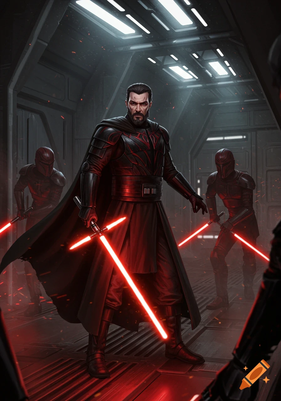 A masked warrior in dark armor and a red cape stands with two red ...