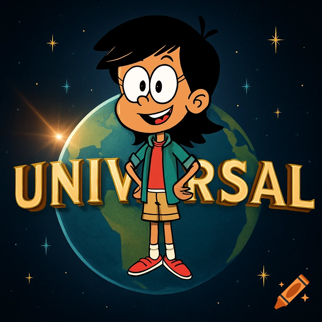 Cartoon girl Stella Zhau stands in front of a planet Earth in space ...