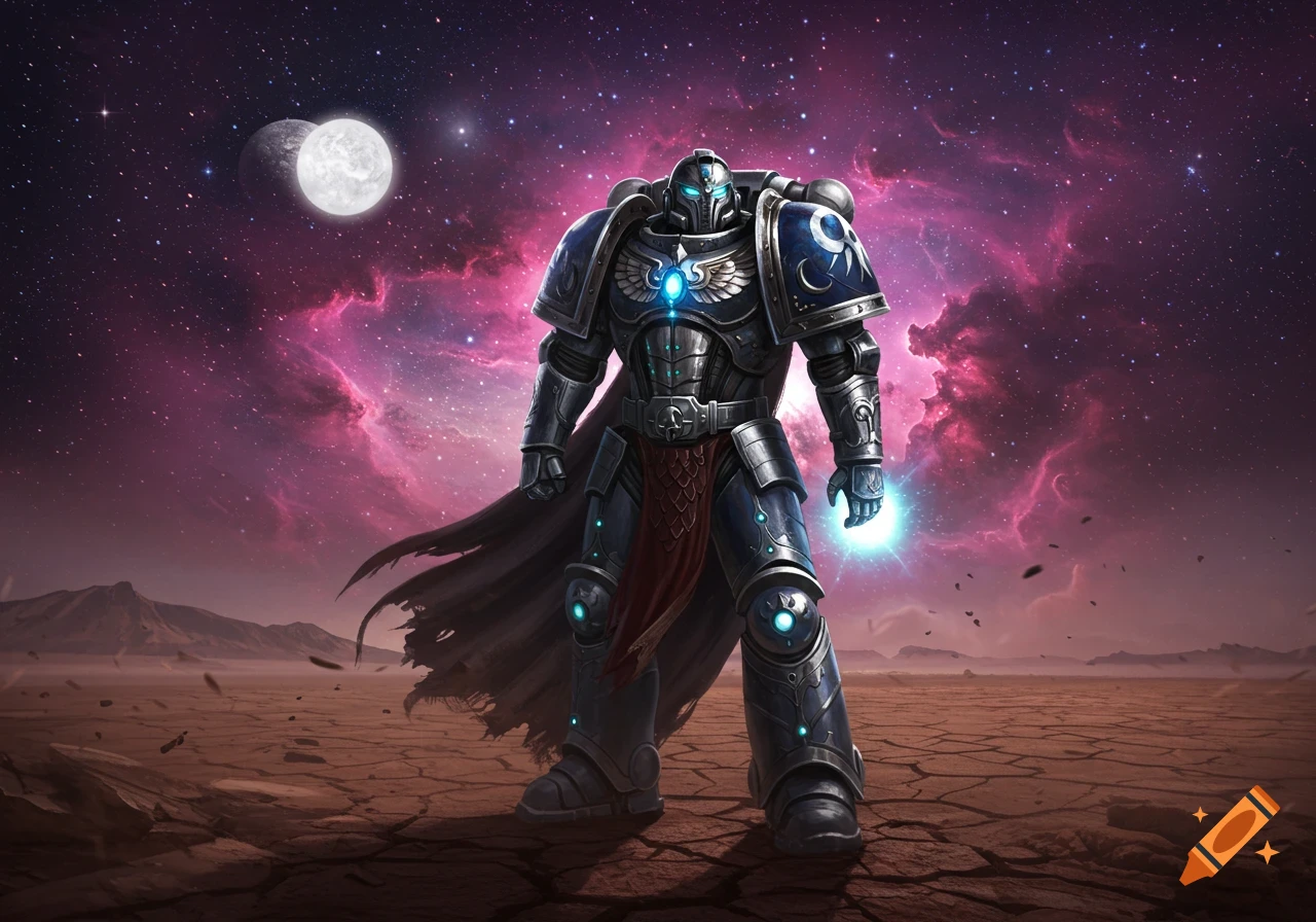 A blue and gold armored Space Marine stands on a rocky alien planet ...