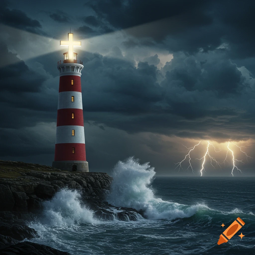 A red and white striped lighthouse with a glowing cross for a light ...