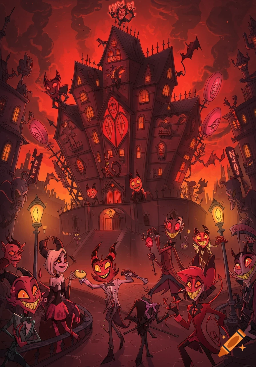 A large group of smiling, cartoonish demon characters with horns, sharp ...