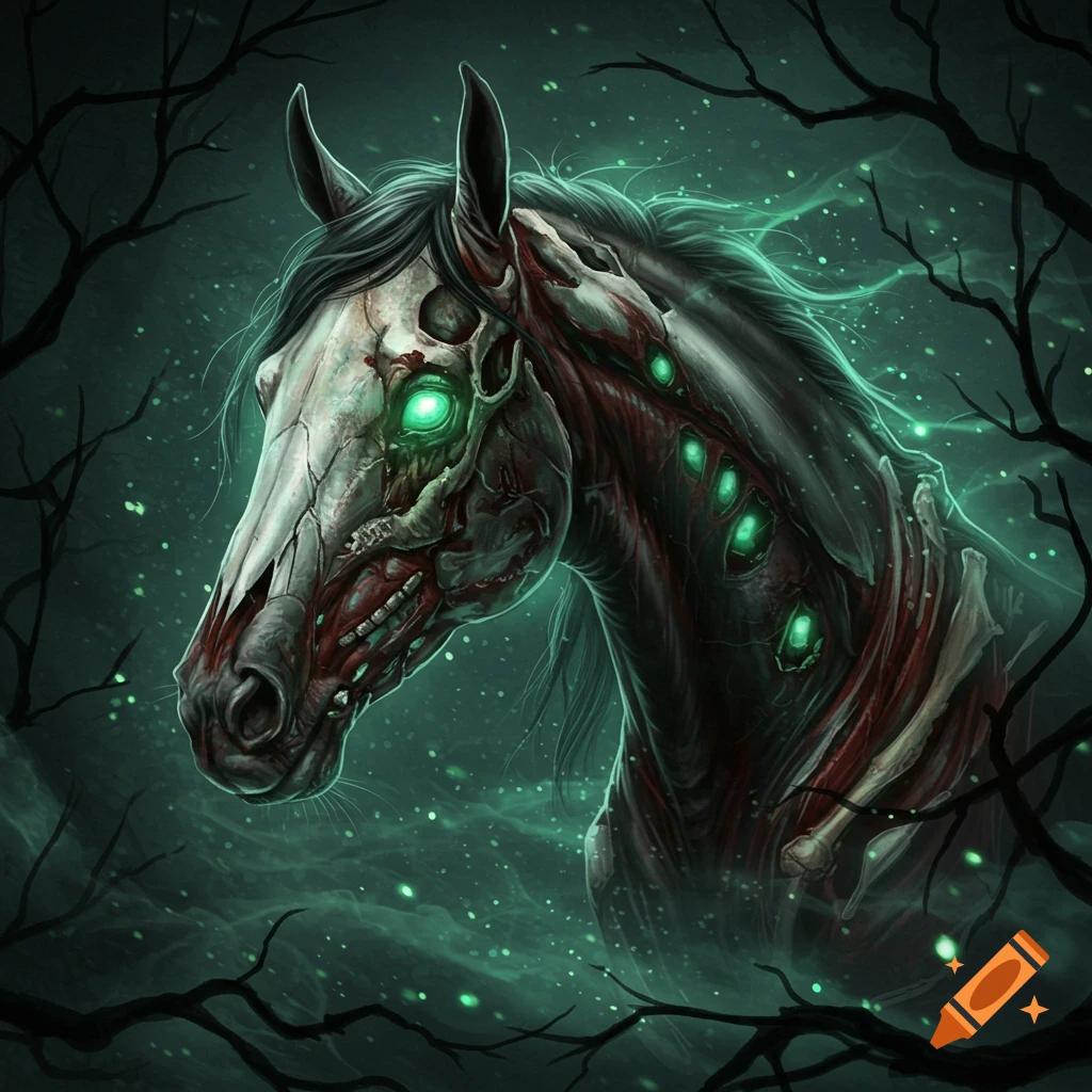 Undead horse head with glowing green eyes and exposed skull and muscle ...