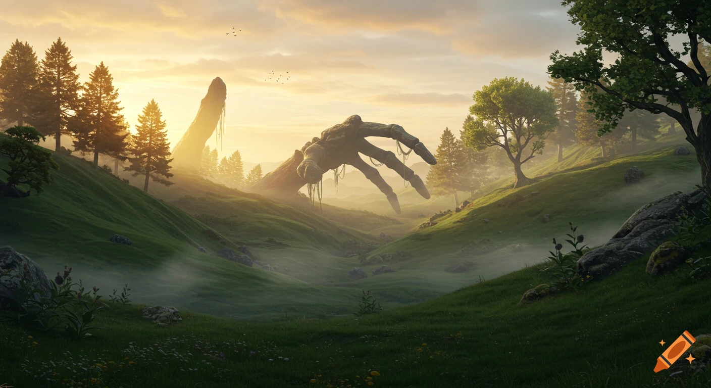 A surreal fantasy landscape at golden hour, with a colossal skeletal ...
