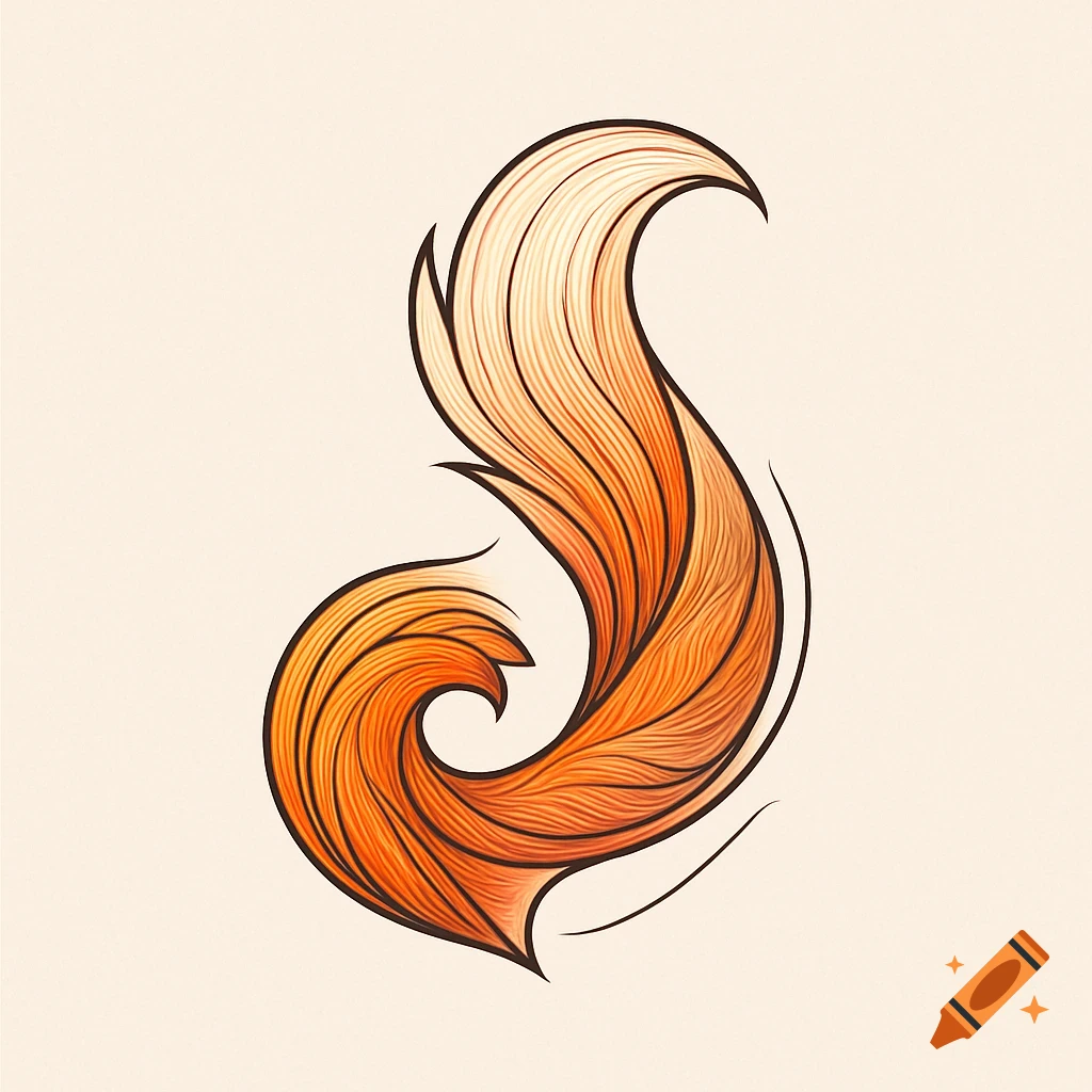 An abstract, elegant logo design of a vibrant orange fox tail or flame, composed of detailed ...