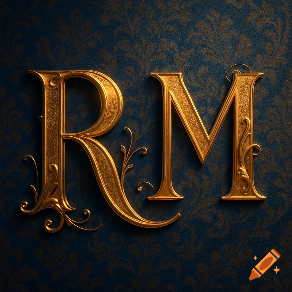 Ornate, three-dimensional gold letters 'R' and 'M' on a dark blue ...