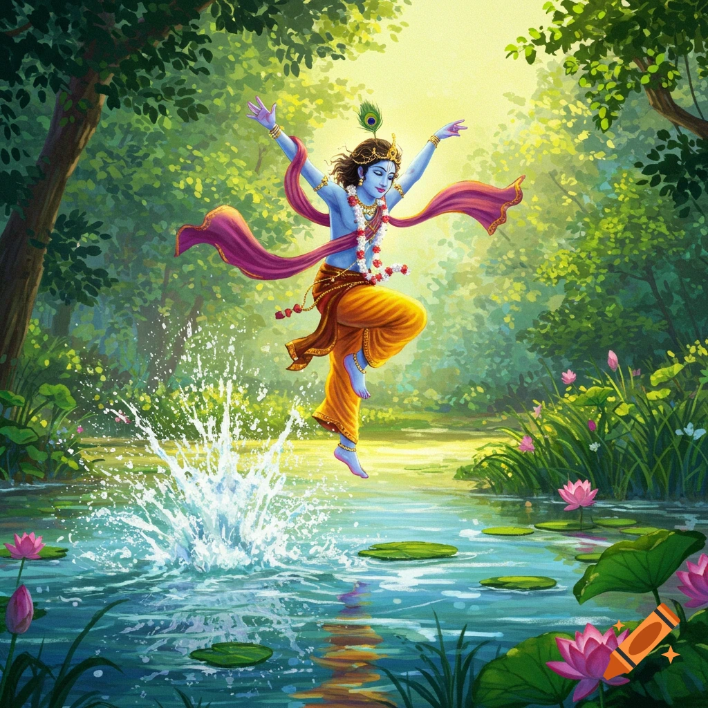 Vibrant painting of blue-skinned Krishna jumping in a river, splashing ...