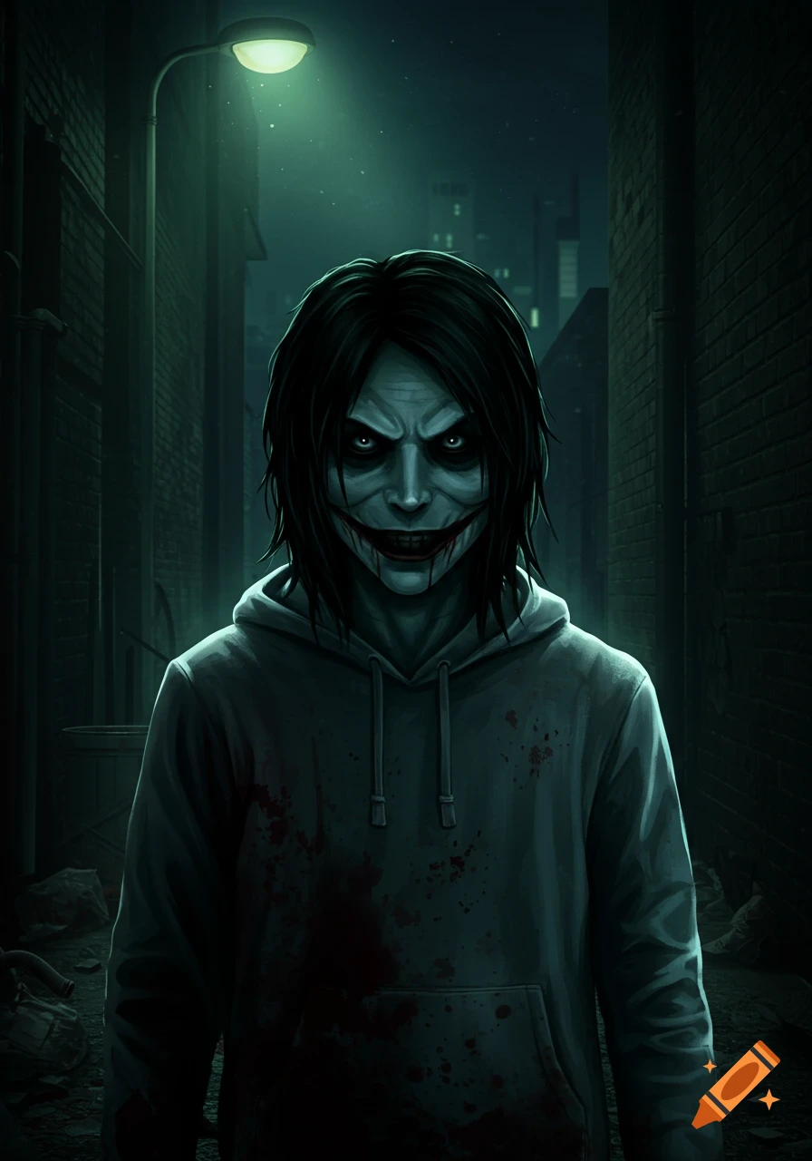 Illustration of Jeff the Killer with a wide carved smile, glowing eyes ...