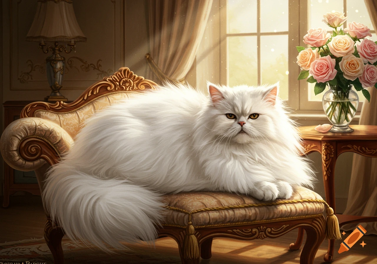 A fluffy white Persian cat with amber eyes lies on an ornate golden armchair in a sunlit room ...