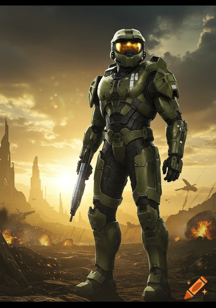 Master Chief in green armor with an orange visor, holding two guns ...