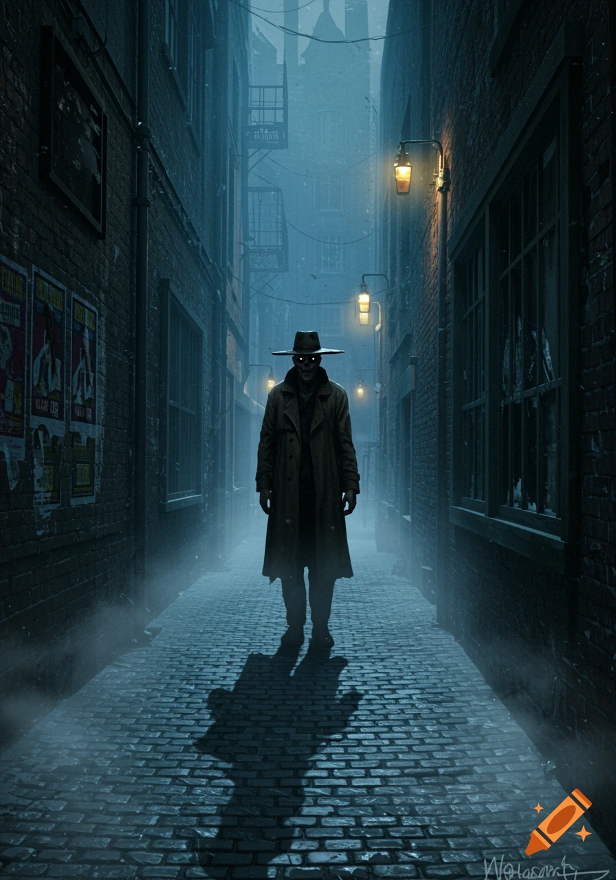 A silhouetted figure with glowing eyes in a hat and trench coat stands in a dark, foggy ...