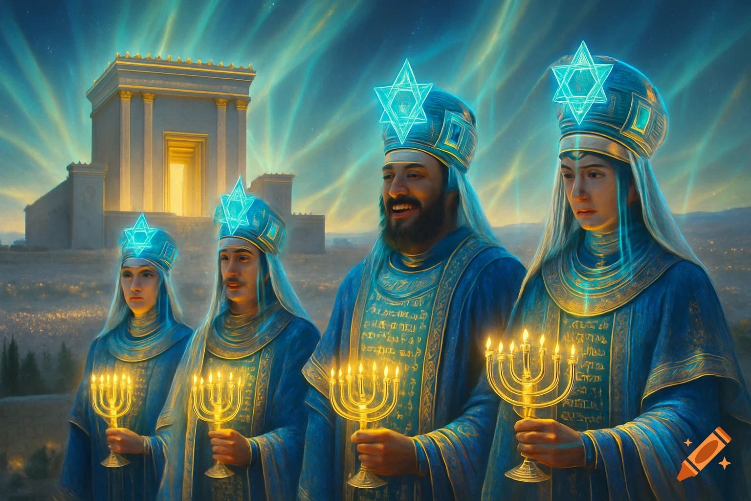 A group of robed figures wearing glowing Star of David headpieces and ...
