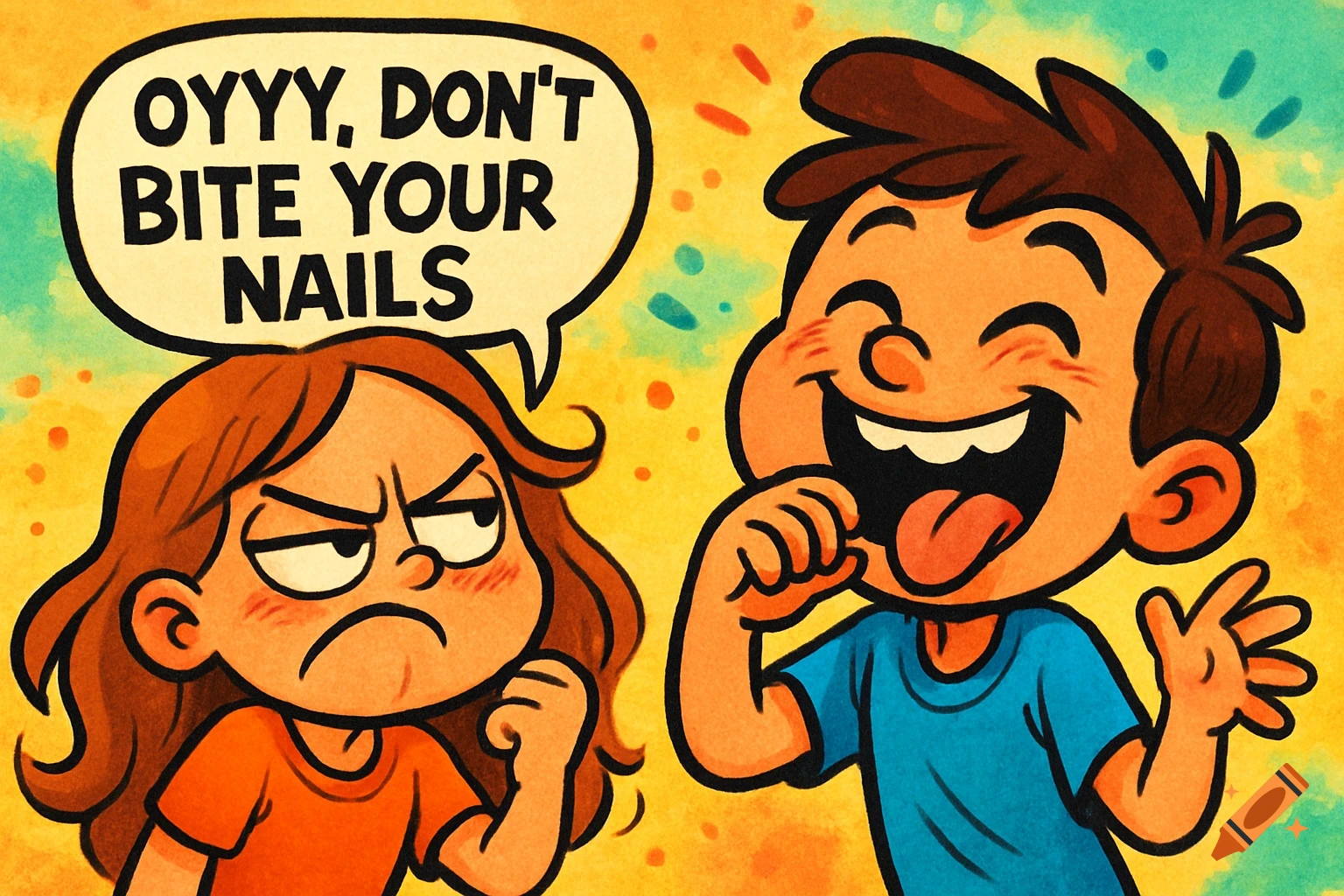 Cartoon illustration of an angry girl telling a laughing, tongue-out ...