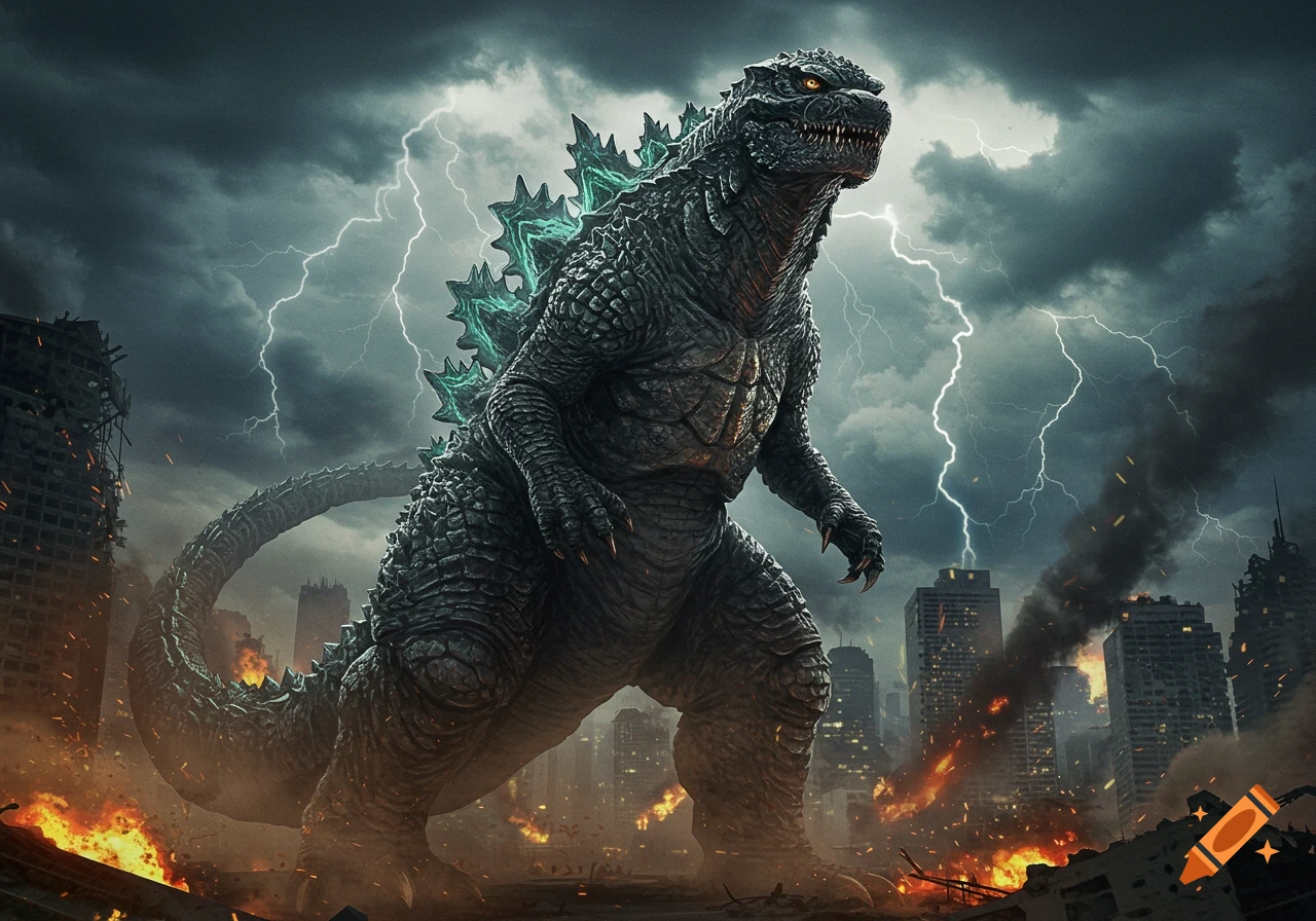 Godzilla, glowing blue, stomps through a ruined city under a stormy sky with lightning. on Craiyon