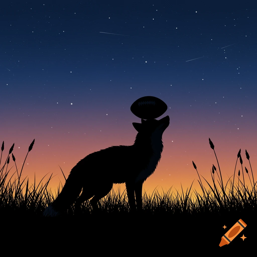 Black silhouette of a fox balancing a football on its head in a grassy ...