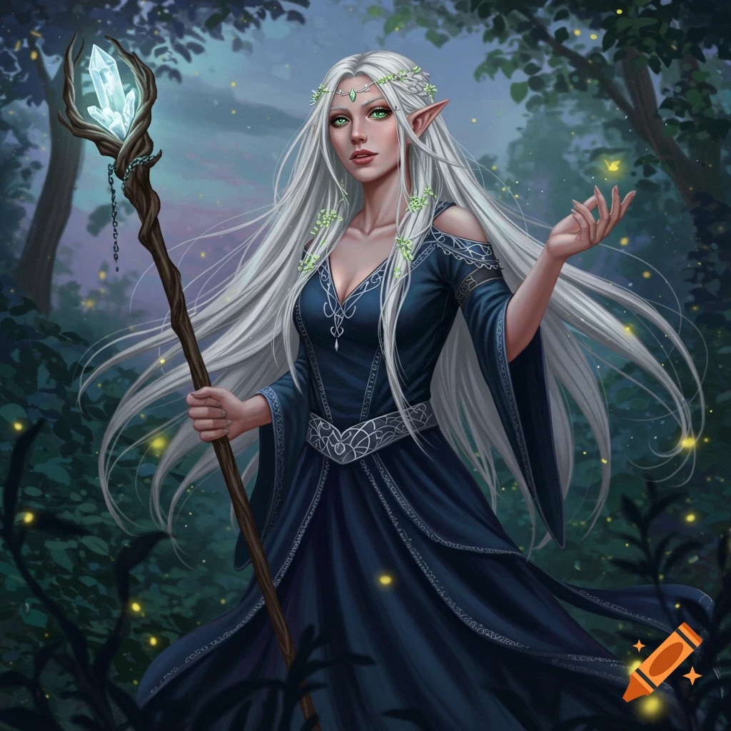 An elderly female elf with long white hair in a blue robe stands in a ...