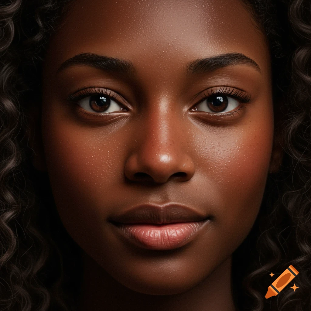 Photorealistic close-up portrait of a young woman with dark skin and ...