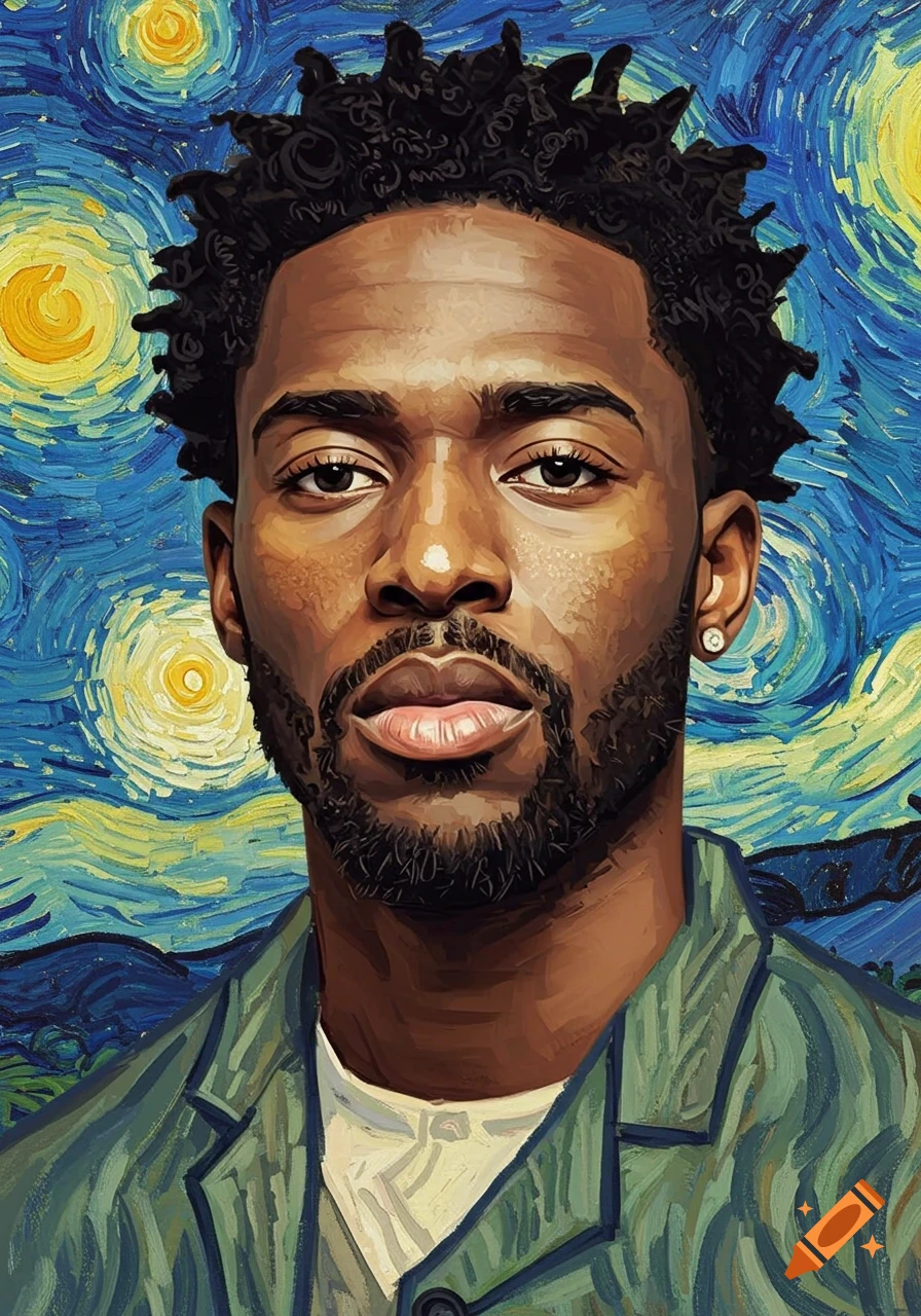 A stylized portrait of a Black man with a beard against a vibrant ...