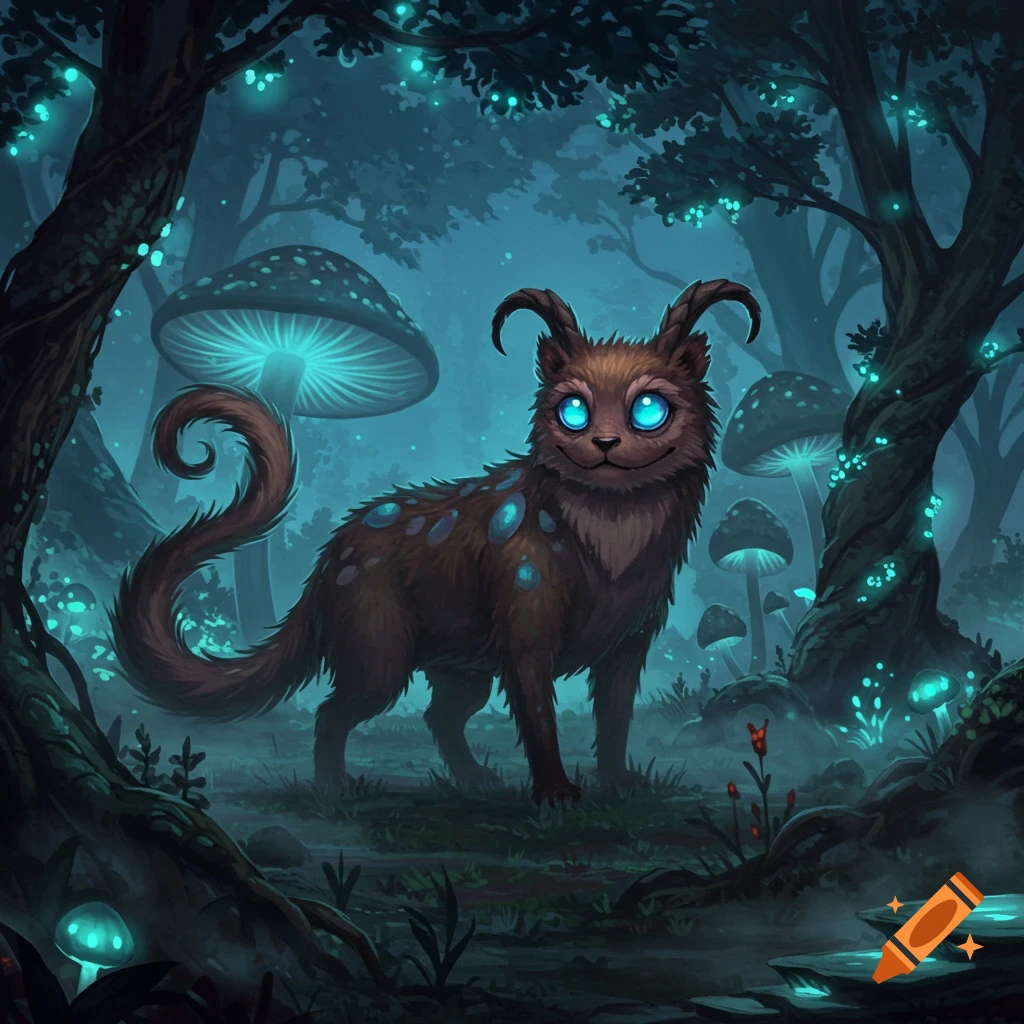 A magical brown furry creature with glowing blue eyes and small antlers ...