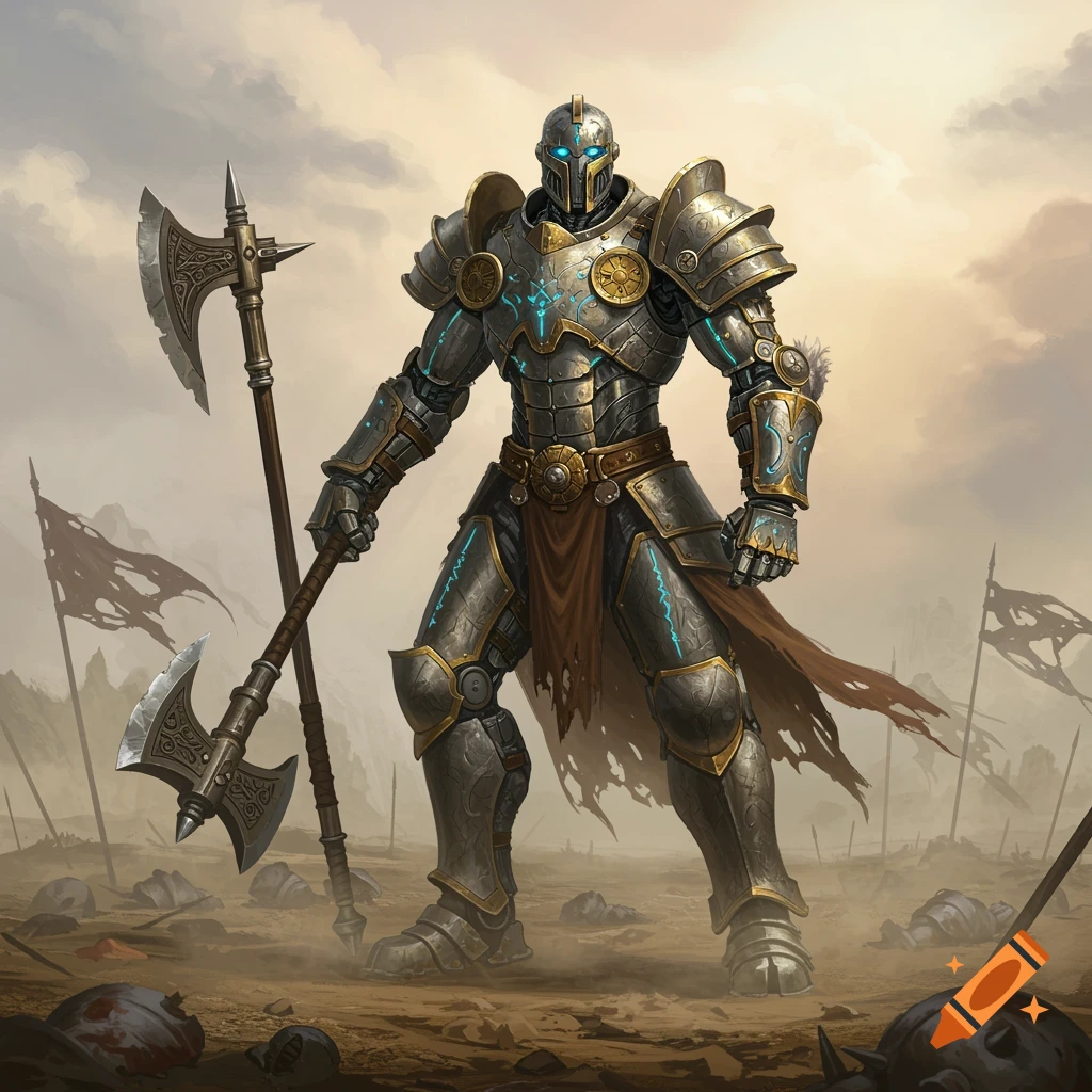 A formidable warforged warrior in ornate armor stands on a desolate ...