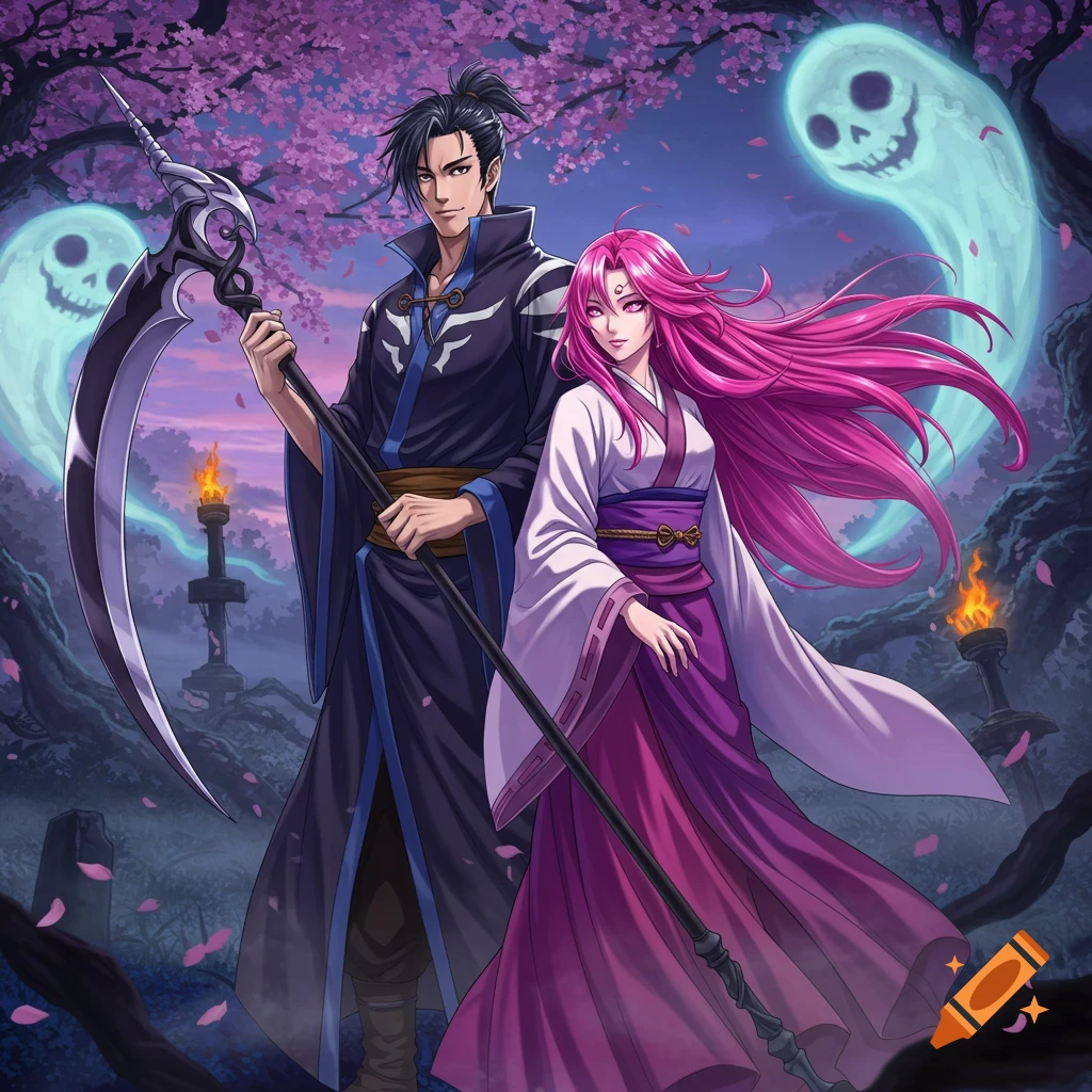 Anime man in dark robes holding a scythe and woman with pink hair in a ...