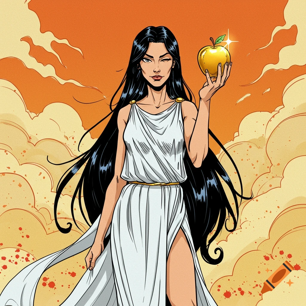 An ancient Greek goddess Eris with long black hair, winking ...