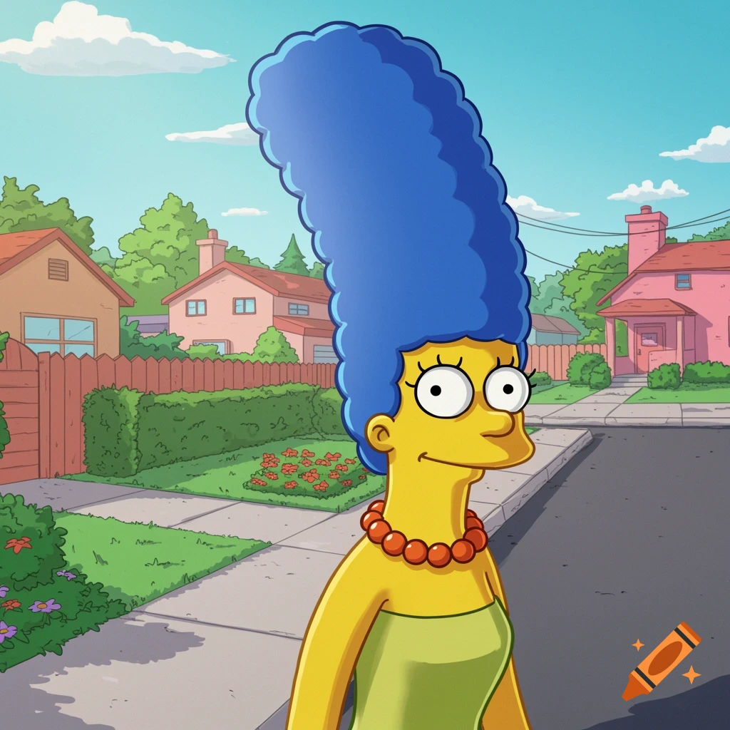 Marge Simpson in a green dress and orange necklace stands on a sidewalk ...