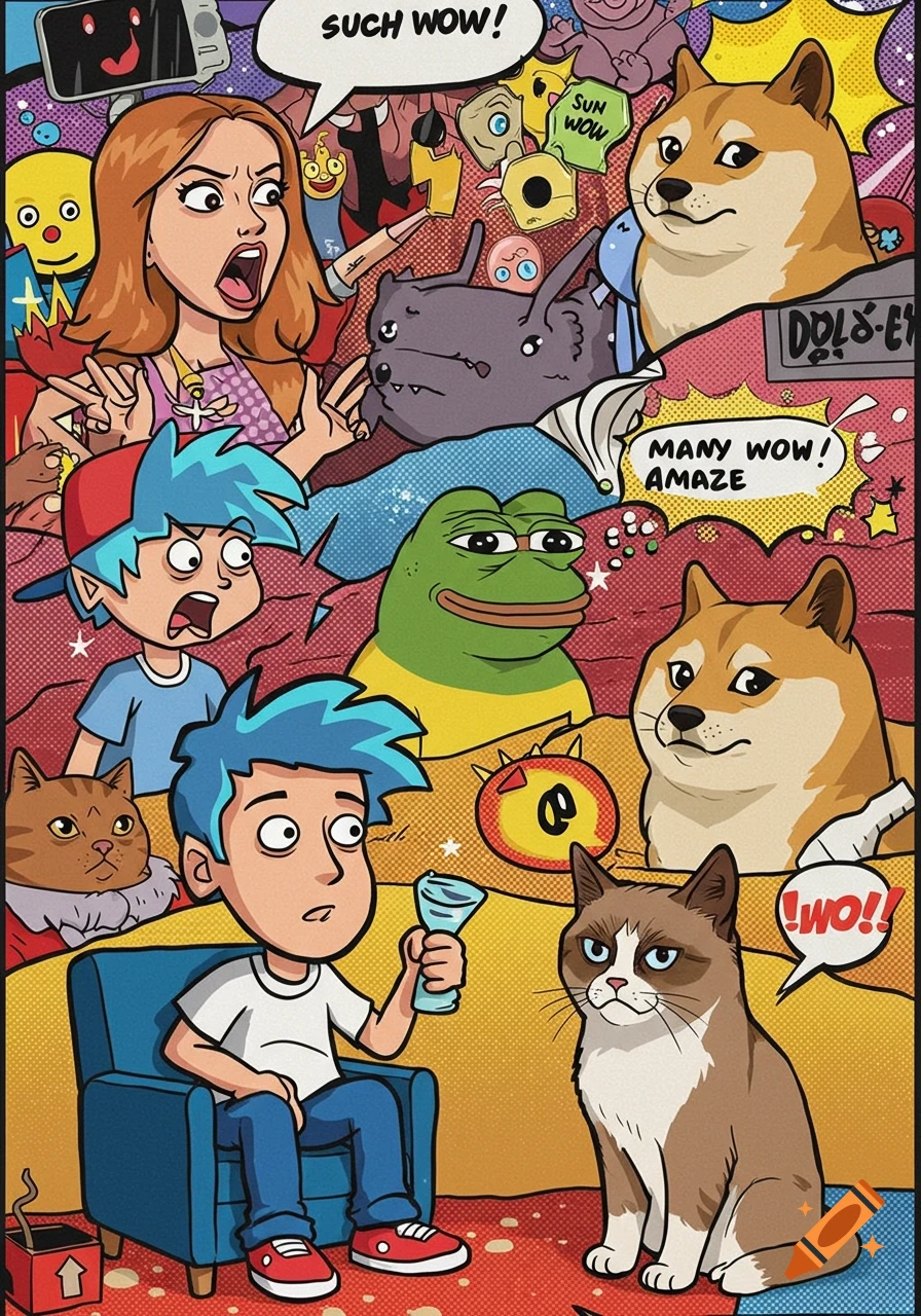 A colorful, busy pop art collage featuring a large Pepe the Frog in the ...