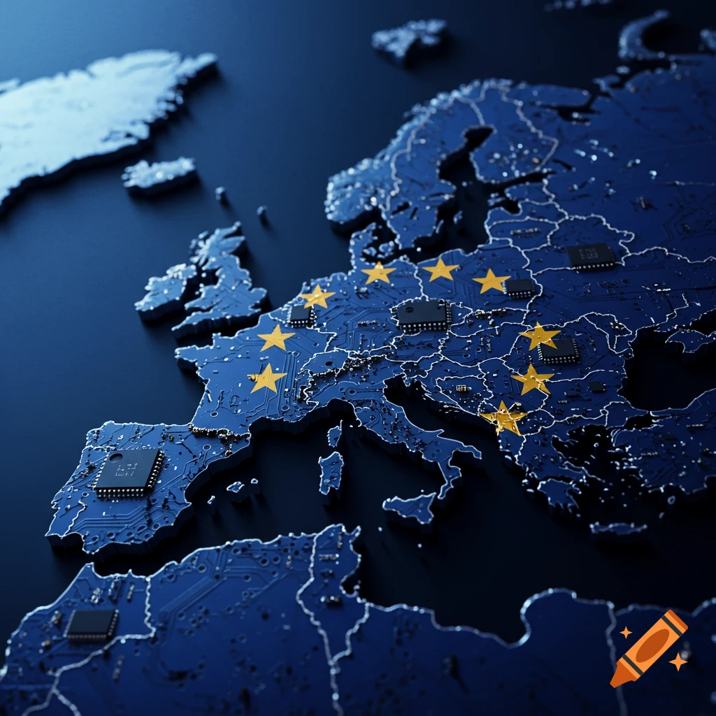 A 3D rendering of the European map, appearing as a circuit board with ...