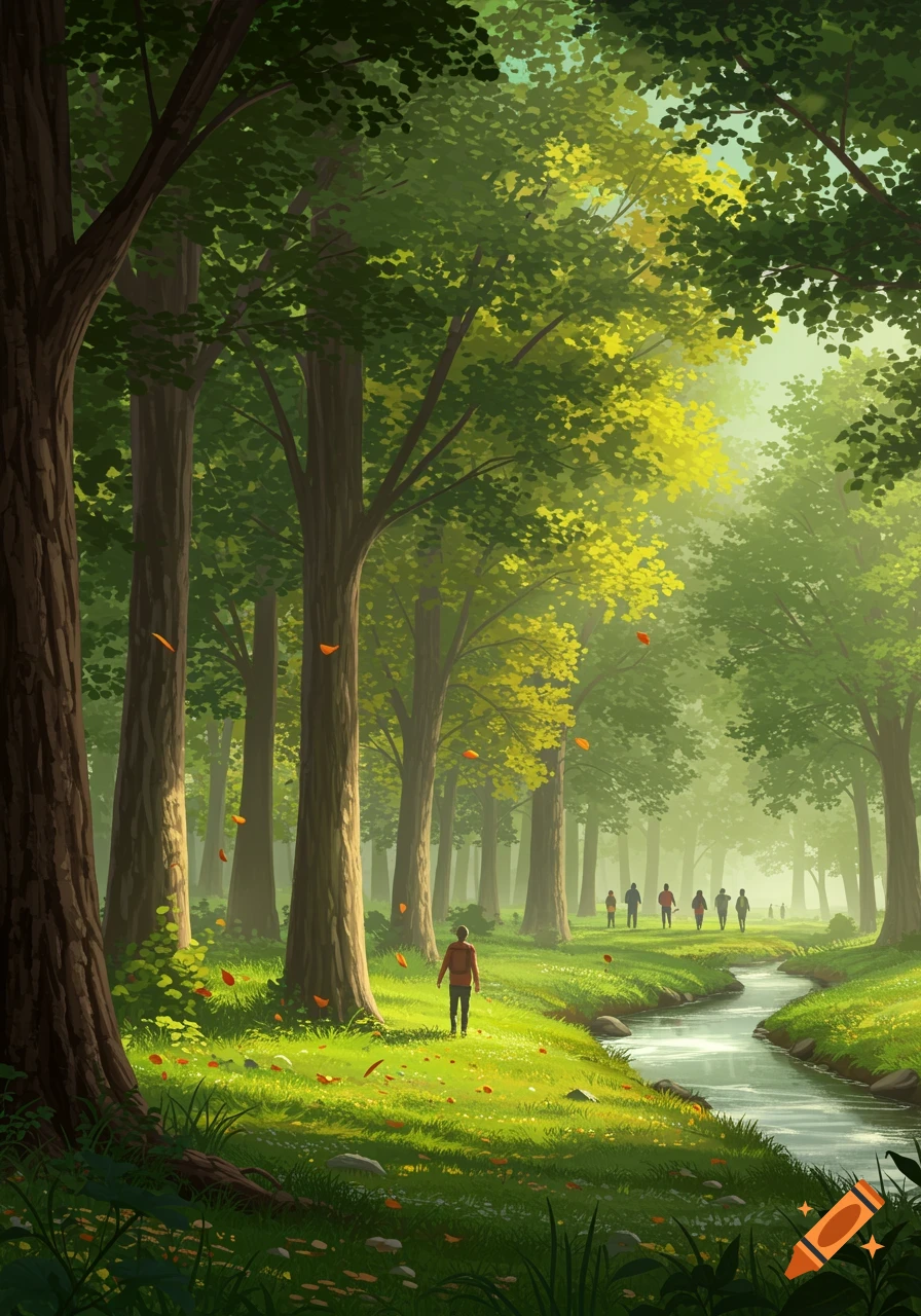 An illustrated path through a vibrant green forest, with a stream ...