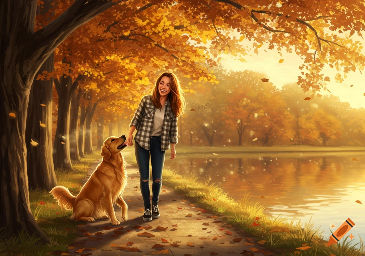 Illustration of a woman holding a baby, walking with a dog on an autumn ...