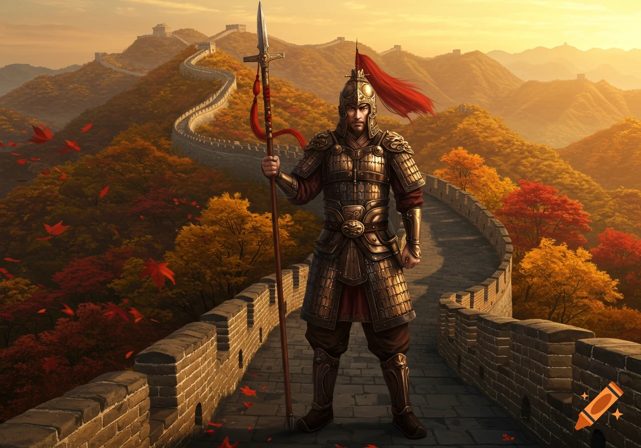 An ancient Chinese soldier in bronze armor stands with a spear on the ...