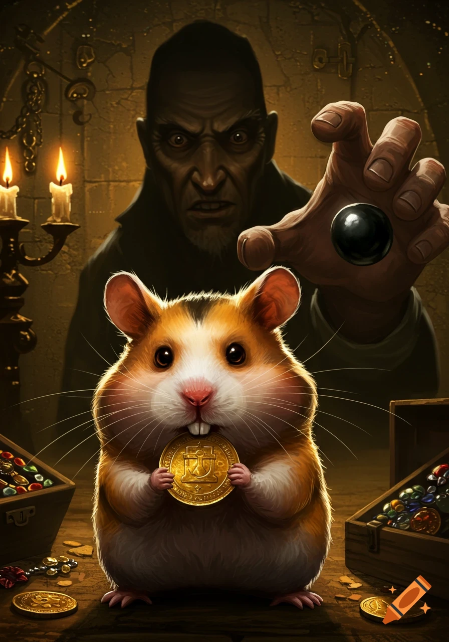 A cute hamster holds a gold coin while an evil-looking man in the ...