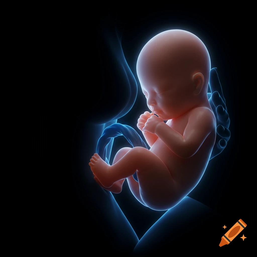 A detailed, life-like 3D rendering of a human fetus curled inside a ...